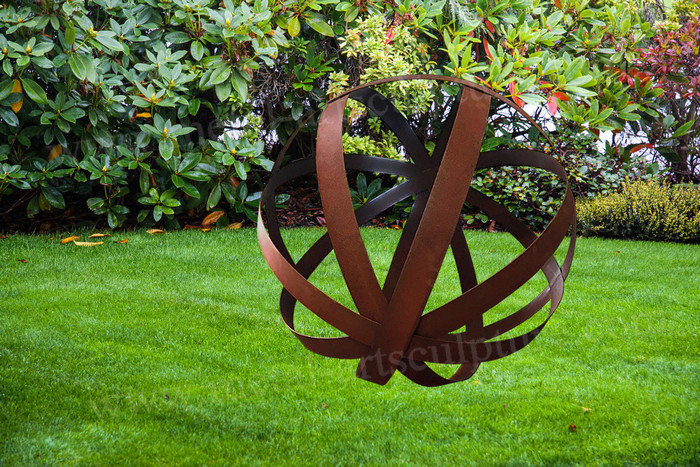 Hollowed Out Football Shape Corten Steel Sculpture As Front Yard Ornament