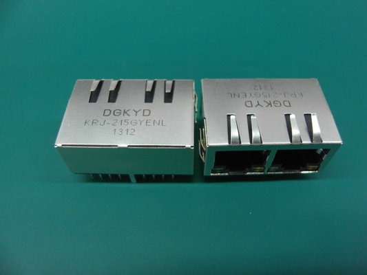 Shielded Right Angle 2 Port RJ45 With LED Thru Hole 10 / 100Base-T 0.35mm Thick OEM