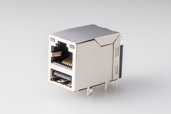 Female Rj45 USB Connector 1 X 1 With Led And Emi Tab-Up Shielded 90 Degree Pcb Connector