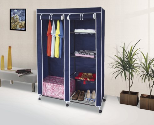 Metal Frame Mobile Non Woven Wardrobe with Zipper and Wheels Foldable Fabric Cabinets