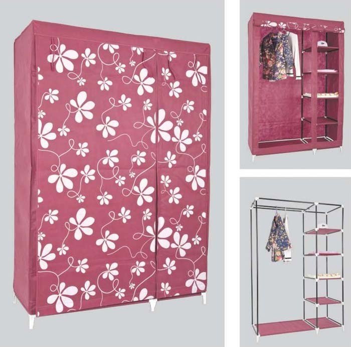 Space Saving Clothes Storage Wardrobe with Printing Fabric Cover and Iron Tube Frame