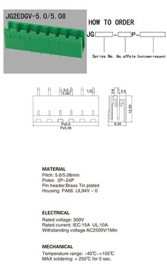 Pluggable terminal block, housing PA66, UL94V-0, contact phosphor bronze JG2EDGV-5.0 5.08