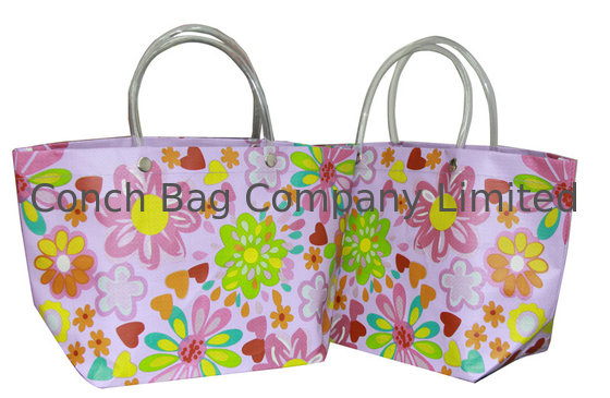 Eco-friendly Recyclable Flowers Purple PP Woven Shopping Bag With PVC Handle