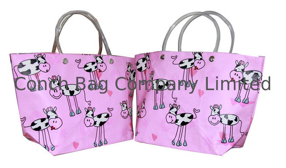 Eco-friendly Recyclable Flowers Purple PP Woven Shopping Bag With PVC Handle