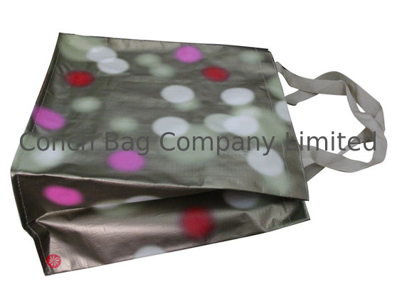 Colorful dots PP Woven Reusable Carrier Bags , Light Grey Nylon Tape Handle
