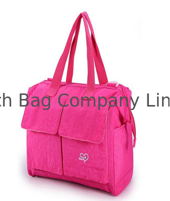 Pink nylon shopping shoulder tote bag with two front pocket easy carrying