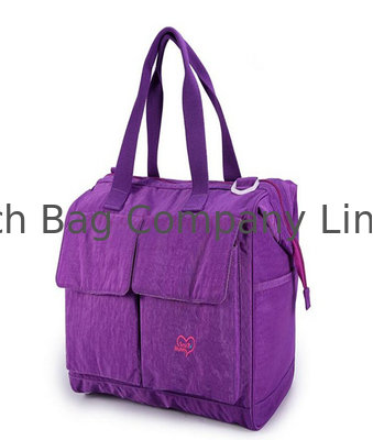 Pink nylon shopping shoulder tote bag with two front pocket easy carrying
