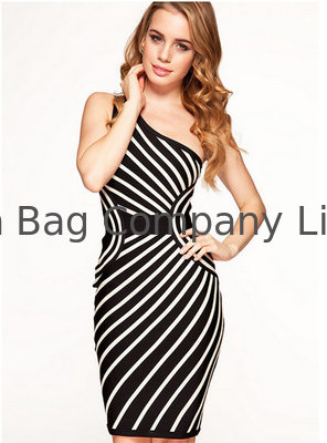 One Shoulder Women's  Black - White Strape Sexy Tight Short Club Dresses With Zipper