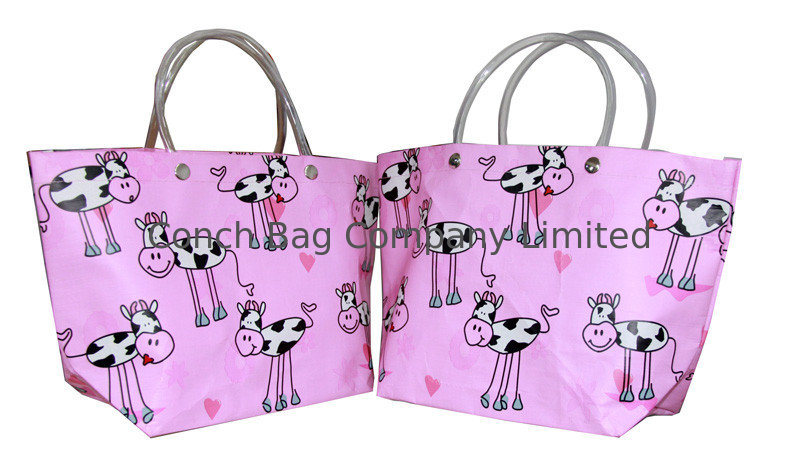 Eco-friendly Recyclable Flowers Purple PP Woven Shopping Bag With PVC Handle