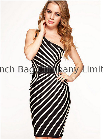 One Shoulder Women's  Black - White Strape Sexy Tight Short Club Dresses With Zipper