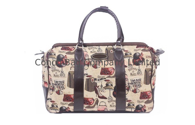 Customized cloth jute PU leather travel bags for lady with two front zippered pockets