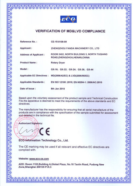 China Zhengzhou Fanda Machinery Co., Ltd. certification