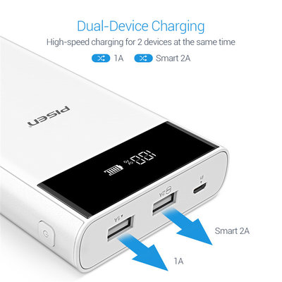 PISEN Dual USB Output 18650 Lithium-ion Battery LCD Universal Power Bank 20000mAh Portable Charger CB FCC CE Certificate
