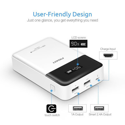 2.4A LCD Fast Charging Dual USB Output PISEN Mobile Universal Power Bank 10000mAh Portable Charger CB CE FCC Certificate