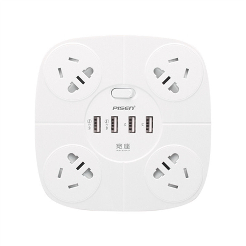 PISEN 1.8m 6ft Cable Euro Plug 4 Outles Universal Smart Power Strip With 1A 1A 2.4A 2.4A USB Charger
