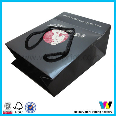 Black Color Printed Paper Shopping Bags with Glossy lamination and Black PP String