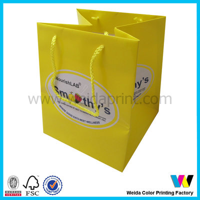 Yellow Colore Printed Paper Shopping Bags with Glossy lamination and Yellow PP String