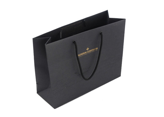 Stamping Logo Cotton Handle Black Paper Shopping Bags For Women 250gsm