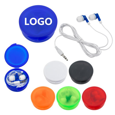 TOM104713  Round Plastic Box With Earbuds