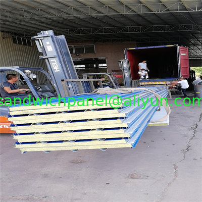 blue color 50mm thickness 11.9m long rock wool sandwich panel for warehouse