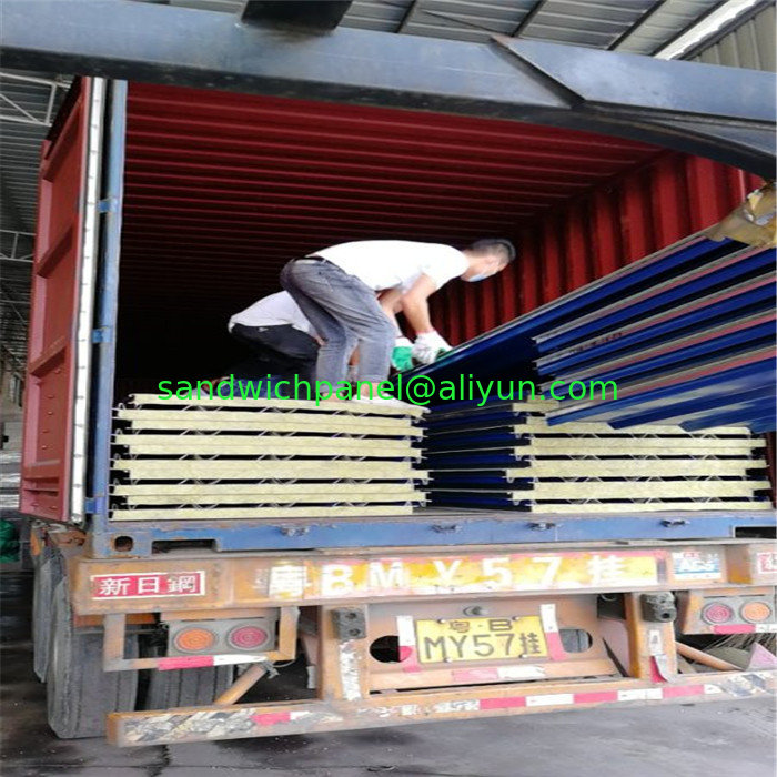 blue color 50mm thickness 11.9m long rock wool sandwich panel for warehouse