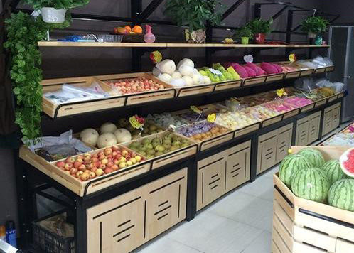 Metal Wooden Fruit And Vegetable Display Rack Gondola Shelf Mid Duty