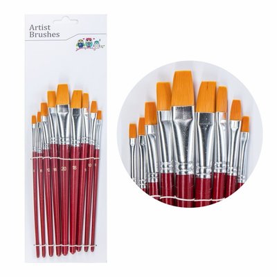 Red Wood Handle Flat Tip Nylon 9pcs 20# Artist Paint Brush Set