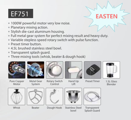 Easten 700W-1200W Top Chef Classic Stand Mixer/ Die Casting Food Mixer EF751/ Stand Egg Mixer Price