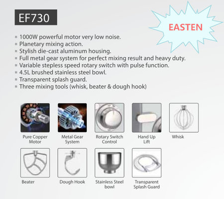 Easten 1000W Die Cast Stand Mixer EF730/ 4.8 Liters Indoor Home Table Top Stand Mixer Manufacturer