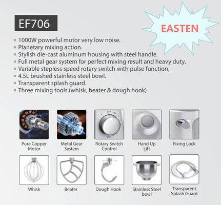 Easten 1000W Portable Stand Mixers With 4.5 Litres Stainless Steel Bowl/ Die Cast Kitchen Machine EF706