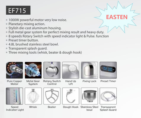 Easten Diecast Food Mixer EF715 / 4.8 Liters Electric Stand Mixer/ China Planetary Cake Mixer Price