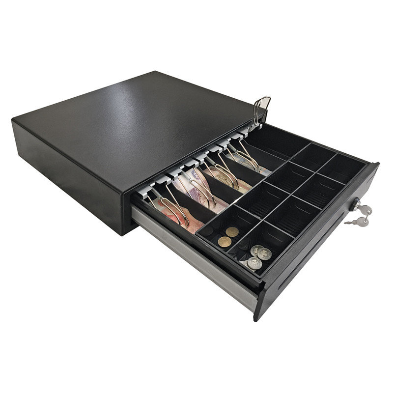 Black Color 410 POS Money Box with Heavy Duty with Removable Cash Tray,Coin Tray and 3 position Lock Metal Cash Drawer