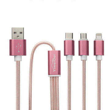 로즈 금 Usb 케이블, 나일론3에서 1 번개 마이크로 유형 C는 USB 빠른 위탁 케이블 코드를 땋았습니다