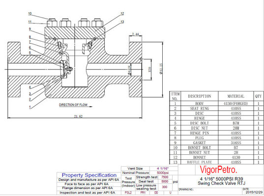 Swing Type Check Valve 4-1/16" 5000PSI, API 6A RTJ, DD/EE, PSL2/3, U