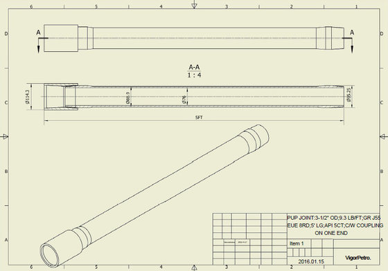 PUP JOINT 3-1/2" OD, 9.3 LB/FT, GR J55, EUE 8RD, 5' LG, API 5CT, C/W COUPLING ON ONE END
