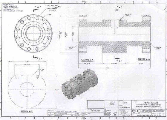 Pump In Sub, 7 1/16" flange (top and bottom connection) x 4 1/16" side connection, 3 feet