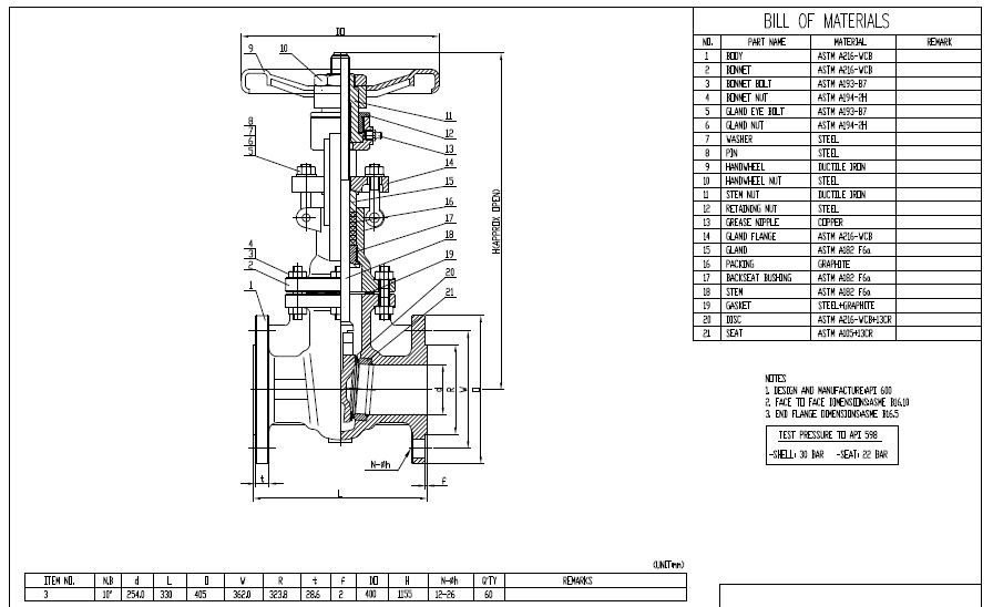 GATE VALVE 10IN 150LBS BODY CARBON STEEL A216GRWCB, FLANGED END STEM 13CR SET A105+13CR RF