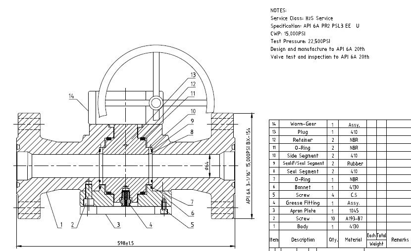 Plug Valve 3 1/16” x 15000 psi, Handwheel Operated, PR2, PSL3, PU EE Flanged End.
