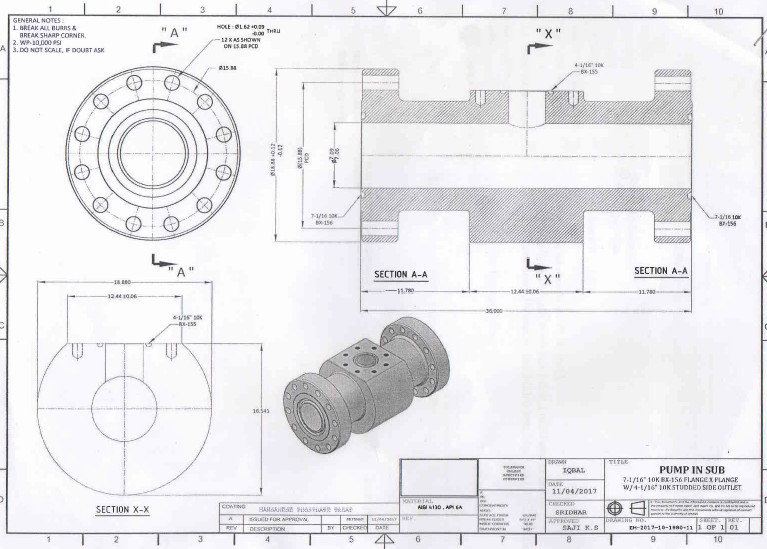 Pump In Sub, 7 1/16" flange (top and bottom connection) x 4 1/16" side connection, 3 feet