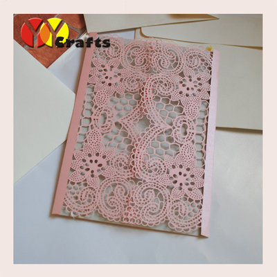 wedding invitation card  pink promotion party invitation card customized unique pearl lace laser cut unique flower