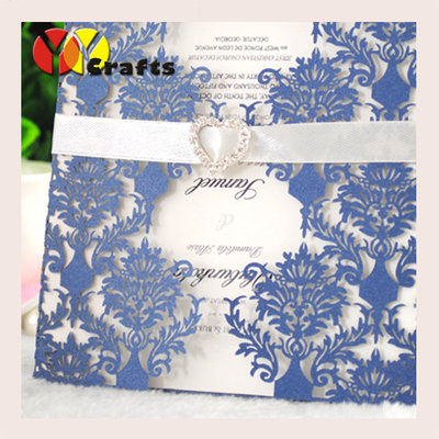 Elegant handmade various colors laser cutting lace wedidng invitation card design with ribbon and buckle