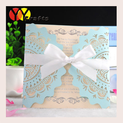 Blue wedding invitation card with ribbon paper simiple folded card