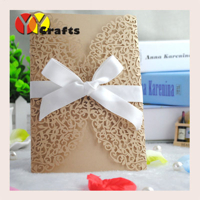 Handmade vines design wedding invitation card laser cut glitter paper wedding invitation card with ribbon