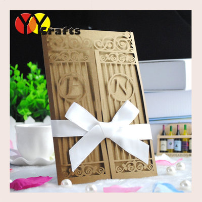 Laser cut gate wedding invitation card brown paper with custom initials