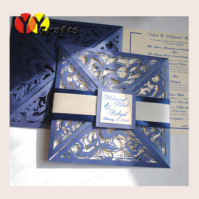 Sea blue Wedding Invitation Card with ribbon and custom printed samll card