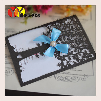 wedding invitation card China wholesale laser cut blank fashion invitation cards love tree royal blue ribbon rhinestone