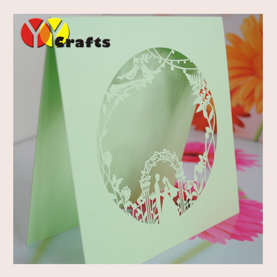 Unique green wedding invitation card laser die cut with couple and birds