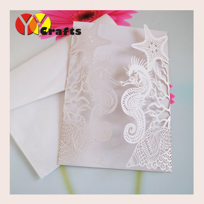 wedding invitation card  2015 new style luxurious sea horse white laser cut design 2015  greeting cards