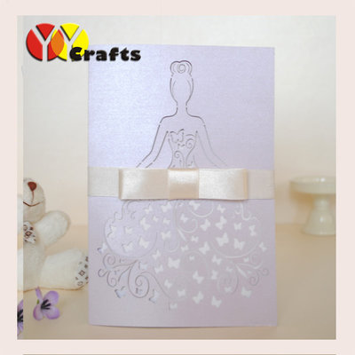 For girl birthday party laser cutting white color invitation cards with ribbon