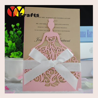 Pocket pink bridal shower party laser cut greeting invitation cards with bowknot